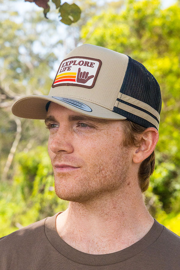 Explore Retro Shaka Patch Trucker Hat - Khaki/Black – The Explore Life